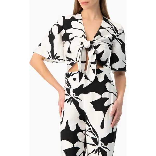 IVONNE Bold Floral Print Tie-front Wide-sleeve Crop Top - Black