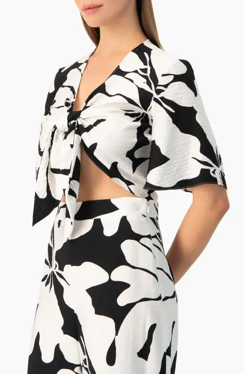 IVONNE Bold Floral Print Tie-front Wide-sleeve Crop Top