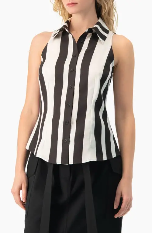 IVONNE Bold Vertical Stripe Sleeveless Fitted Button-front Shirt - Black