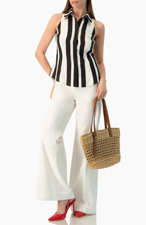 IVONNE Bold Vertical Stripe Sleeveless Fitted Button-front Shirt