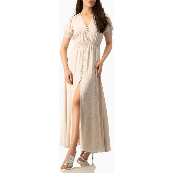 IVONNE Jacquard Satin Button-front Maxi Dress With Puff Sleeve And Smocked Waist - Beige