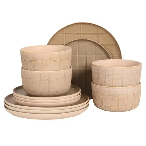 GIBSON ELITE Milano Lines 12-piece Reactive Glaze Stoneware Dinnerware Set - Brown