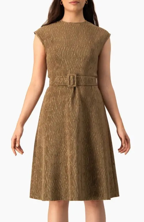 IVONNE Textured Belted A-line Dress - Gold