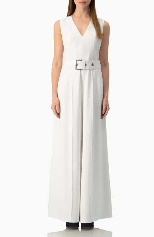 IVONNE Clean V-neck Buckle-belt Wide-leg Tailored Jumpsuit - White