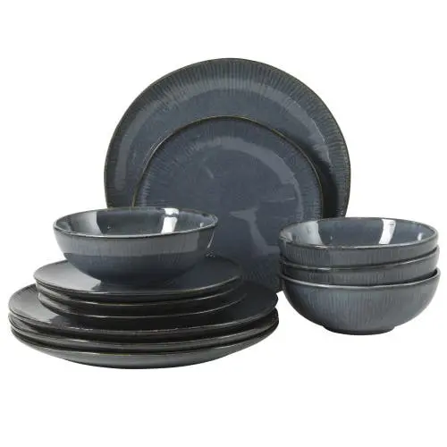 GIBSON ELITE Sandy Pines Stoneware Plates And Bowls Setreactive Glaze Dinnerware Set - Blue