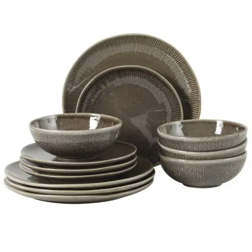GIBSON ELITE Sandy Pines Stoneware Plates And Bowls Setreactive Glaze Dinnerware Set - Brown