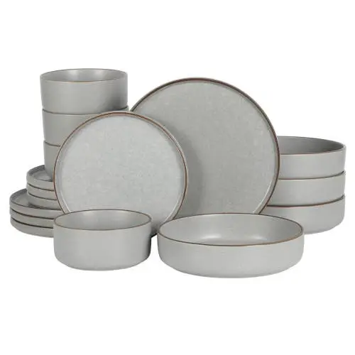 GIBSON ELITE Gelston Stoneware Matte Reactive Glaze Plates And Bowl Dinnerware Set - Grey