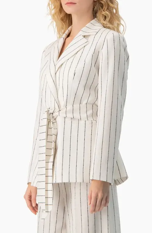 IVONNE Pinstripe Self-tie Belted Wrap Tailored Blazer