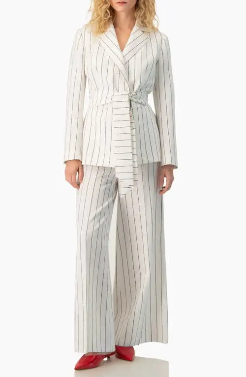 IVONNE Pinstripe Self-tie Belted Wrap Tailored Blazer