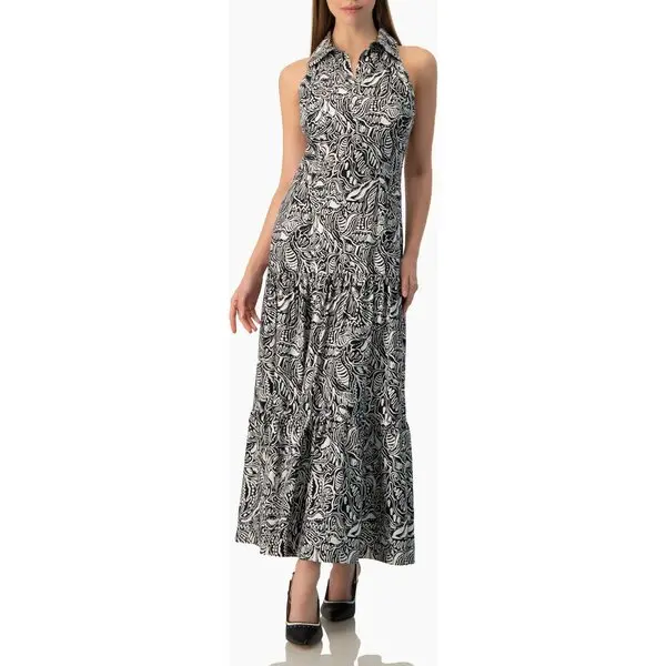 IVONNE Abstract Graphic Print Halter-neck Fitted Maxi Dress - Black