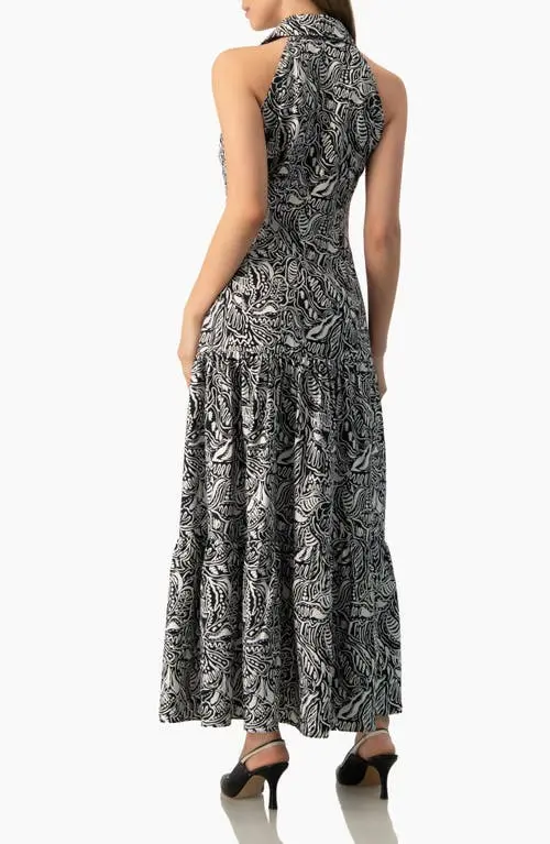 IVONNE Abstract Graphic Print Halter-neck Fitted Maxi Dress