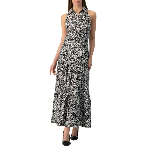 IVONNE Abstract Graphic Print Halterneck Fitted Maxi Dress - Black