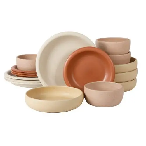 BLOOMHOUSE Corsica Clay 16 Piece Double Bowl Stoneware Reactive Glaze Dinnerware Set - Assorted Colors