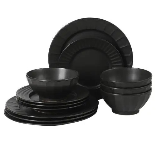 GIBSON ELITE Winchester Way 12-piece Plates And Double Bowls Stoneware Dinnerware Set - Black