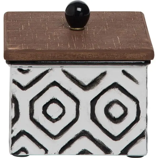 FORESIDE HOME AND GARDEN 4.5" X 5" Premium White Enamel Metal Geometric Pattern Luxury Jewelry Trinket Box - Brown
