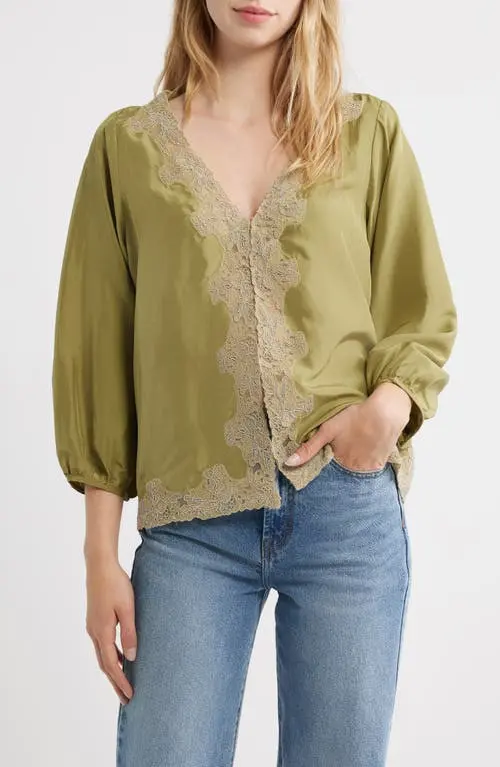 The Great. Long Sleeve Legacy Silk Top With Lace Detail - Light Olive/cream