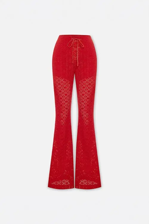 PCFG The Broderie Anglaise Edit High Rise Embroide Flare Pants - Red