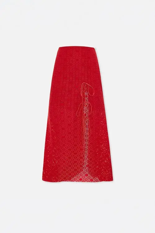 PCFG The Broderie Anglaise Edit Embroide Midi Skirt With Side Slit And Ribbon Tie - Red