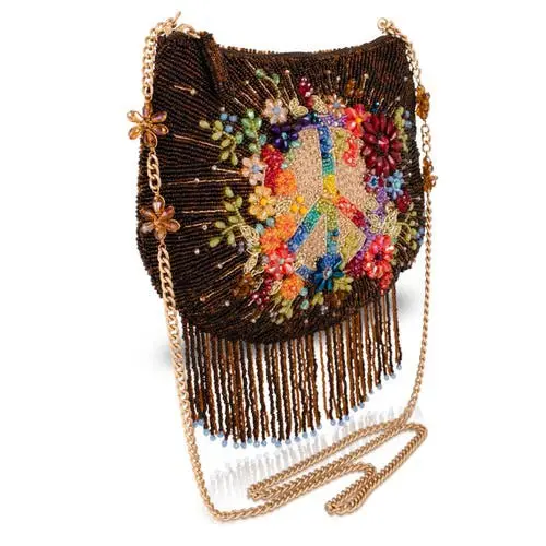 MARY FRANCES ACCESSORIES Beaded Peace Sign And Fringe Crossbody Handbag