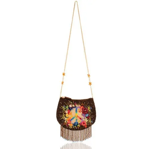 MARY FRANCES ACCESSORIES Beaded Peace Sign And Fringe Crossbody Handbag