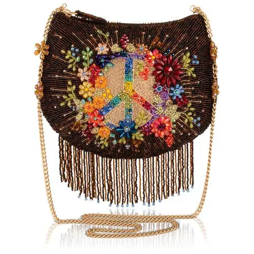 MARY FRANCES ACCESSORIES Beaded Peace Sign And Fringe Crossbody Handbag - Brown