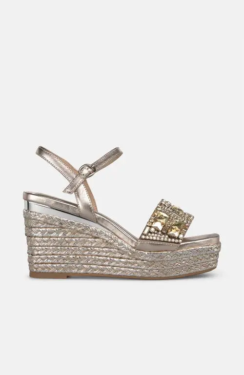 ALMA EN PENA Esparto Wedge Sandal With Rhinestone Strap - Bronze
