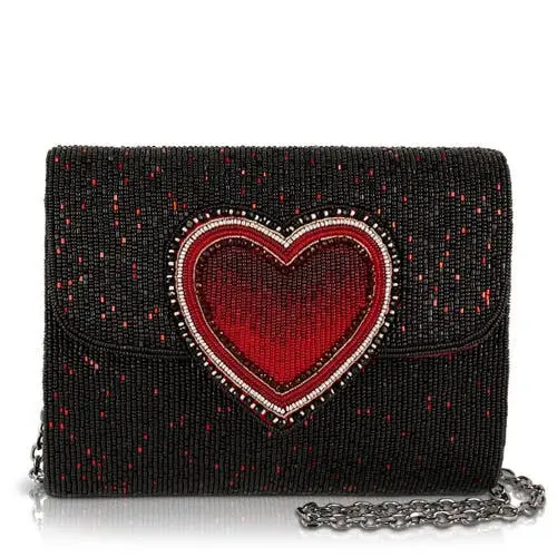 MARY FRANCES ACCESSORIES True Love Beaded Heart Handbag - Black