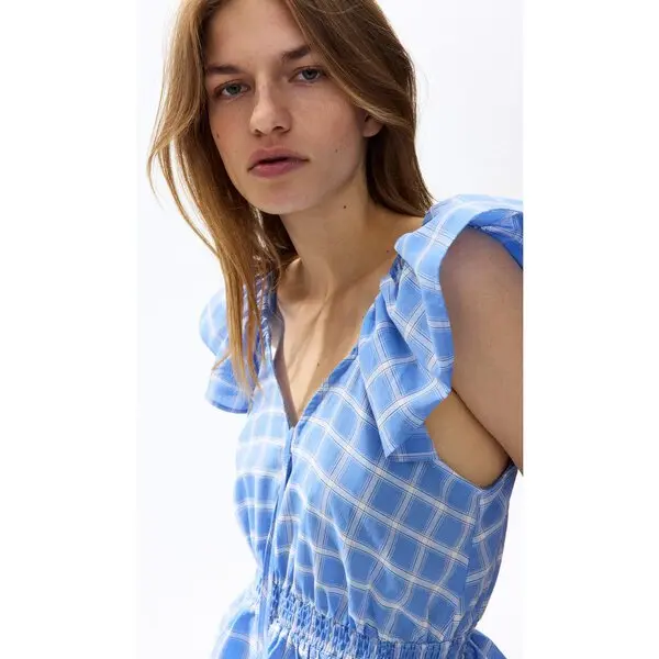 H&m Flutter-sleeved Peplum Blouse - Blue/checked
