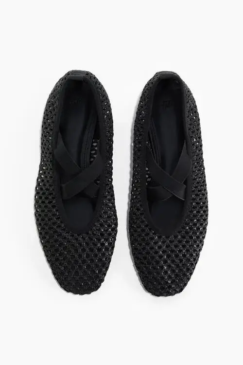 H&m Braided Ballet Flats With Crossover Straps - Black