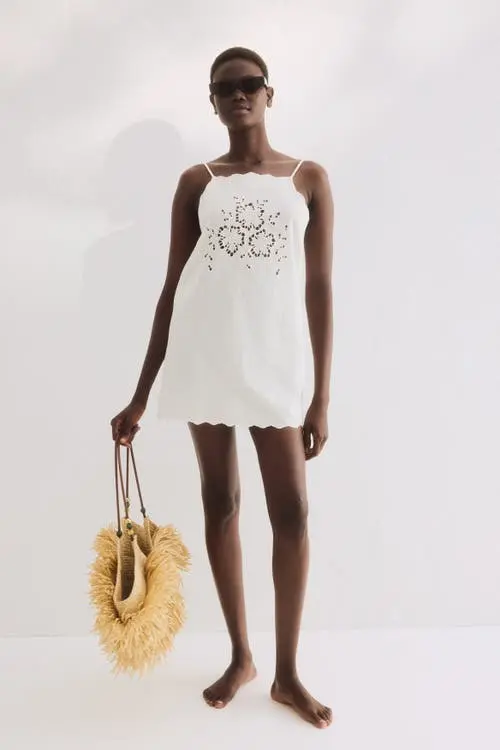 H&m Broderie Anglaise Cotton Beach Dress With Scalloped Edges