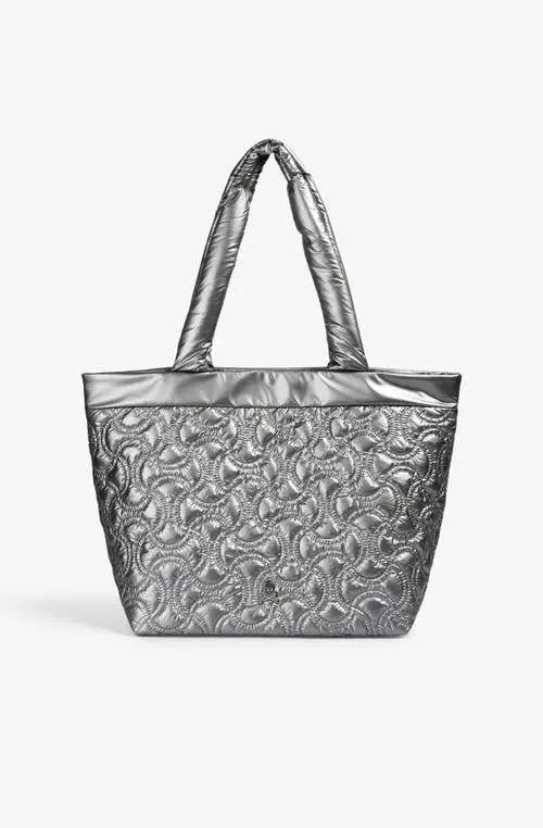 SCALPERS Quilted Shopper Bag With Double Handle And Metallic Skull Patch - Silver
