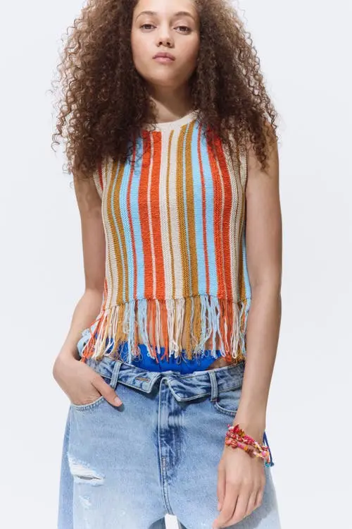 H&m Fringed Knitted Top - Orange/striped