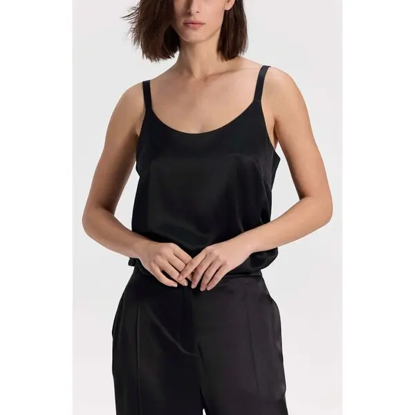 Ronen Chen Satin Round Neck Adjustable Strap Cami - Black