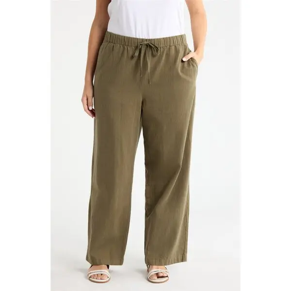 Eileen Fisher Organic Cotton & Organic Linen Straight Leg Drawstring Pants - Olive