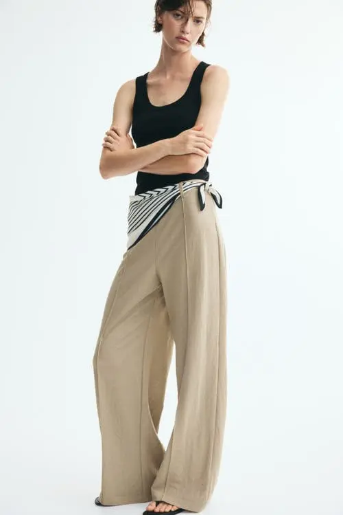 H&M Loose-fit Viscose-blend Jersey Pants With Detachable Satin Scarf - Beige