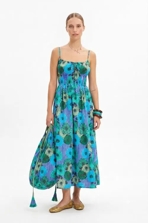 RO'S GARDEN Crispy Cotton Sloane Midi Dress - Blue Cala