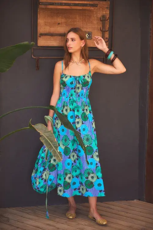 RO'S GARDEN Crispy Cotton Sloane Midi Dress - Blue Cala