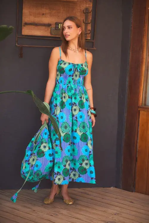 RO'S GARDEN Crispy Cotton Sloane Midi Dress - Blue Cala