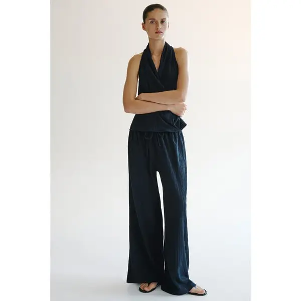 H&m Crinkled Drawstring Trousers - Navy Blue