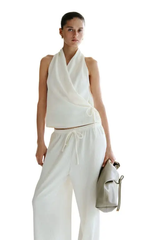 H&M Textured Drawstring Wide-leg Pants - Cream