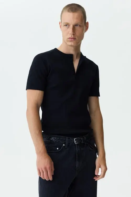 H&m Slim Fit Henley Top - Black