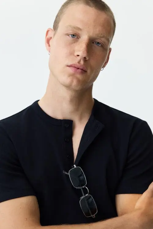 H&m Slim Fit Henley Top - Black