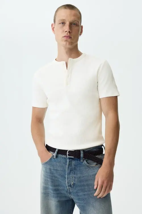 H&m Slim Fit Henley Top - Cream
