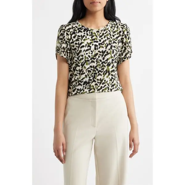 Anne Klein Animal Spot Tulip Sleeve Top - Bay Leaf Multi