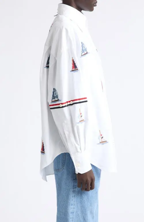 Thom Browne Oversize Embroidered Sailboat Button-down Shirt - White