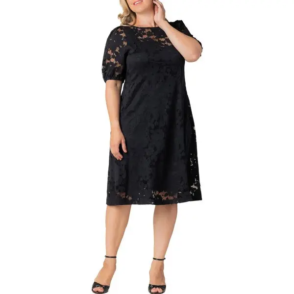 KIYONNA Emma Floral Lace Cocktail Midi Dress - Onyx