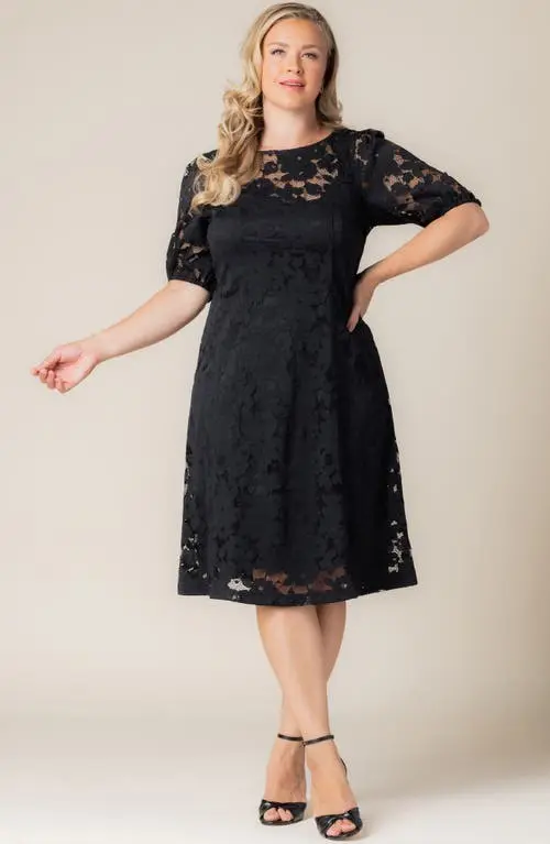 KIYONNA Emma Floral Lace Cocktail Midi Dress - Onyx