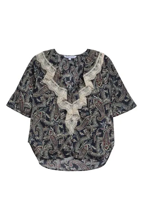 Veronica Beard Pamelis Paisley Ruffle Lace Trim Top - Navy Multi