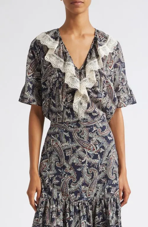 Veronica Beard Pamelis Paisley Ruffle Lace Trim Top - Navy Multi