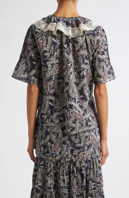 Veronica Beard Pamelis Paisley Ruffle Lace Trim Top